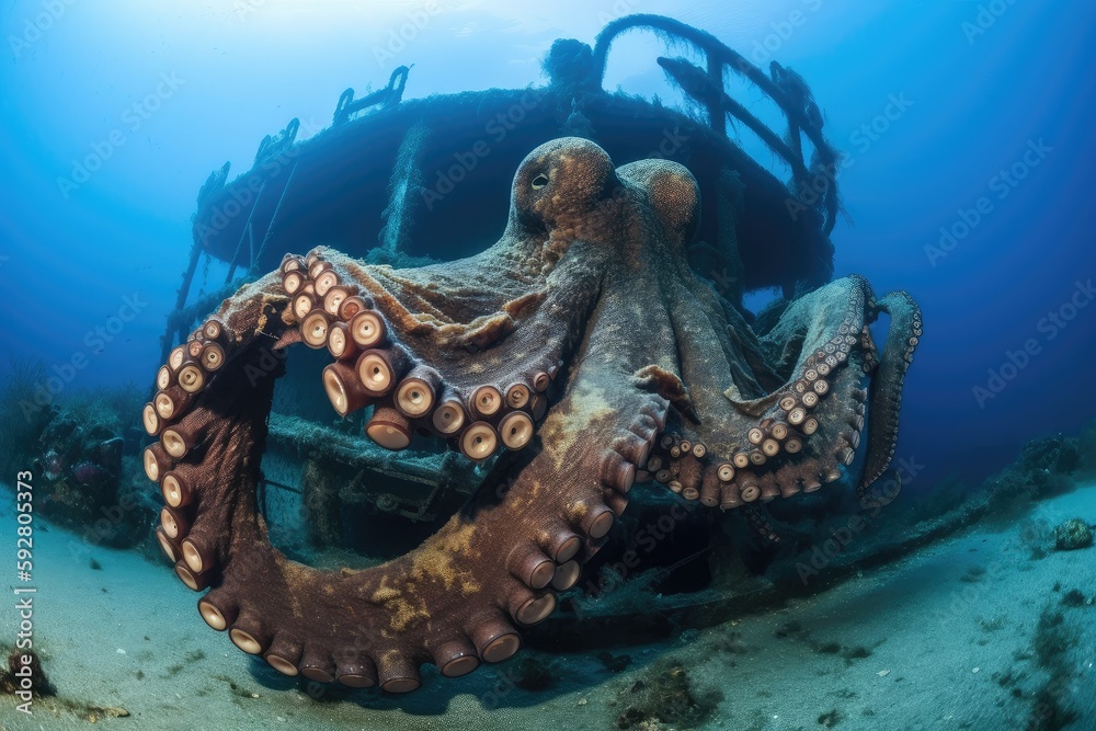 giant octopus wrapping its tentacles around sunken ship, created with ...