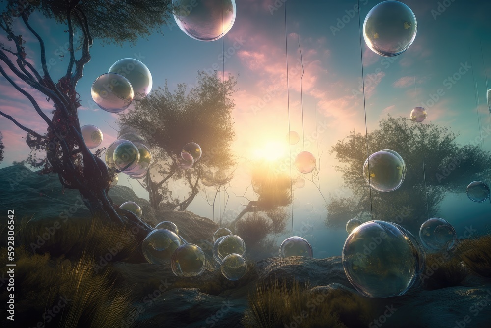 dreamlike scene of a surreal landscape with floating orbs of light ...