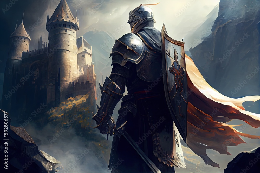 a fearless knight leading a siege on a mighty castle, with sword in ...