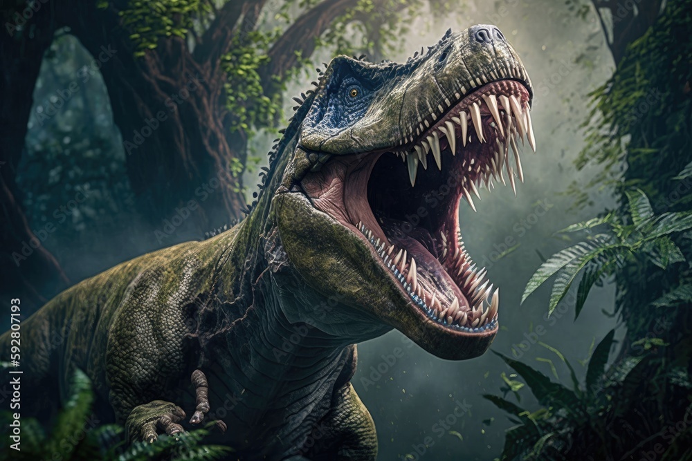 tyrannosaurus rex roaring in the jungle, its powerful jaws snapping ...