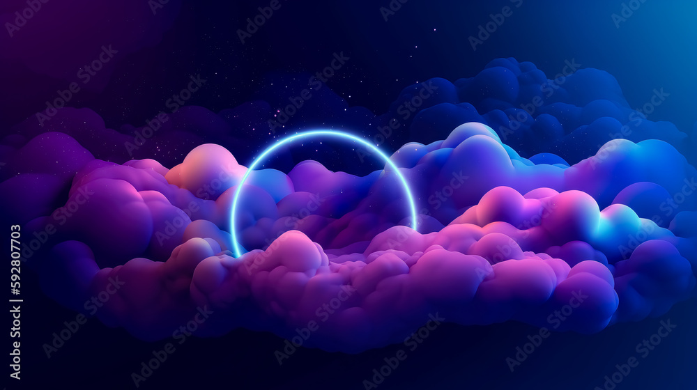 Neon circle clouds with stars and moon, style of abstract colorist ...