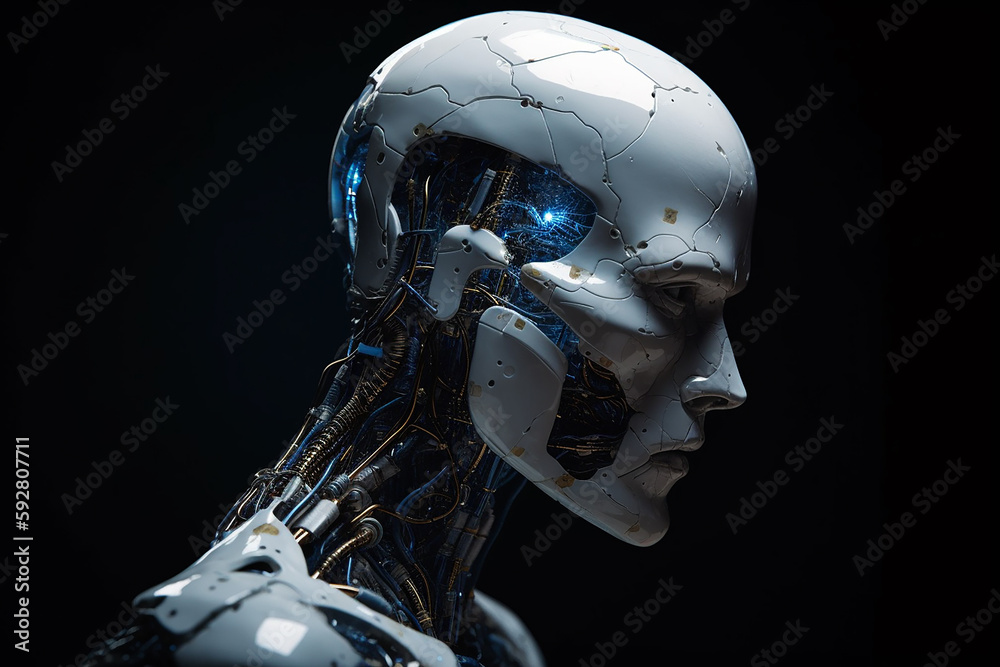 Detailed appearance of the deep green AI robot under white background ...