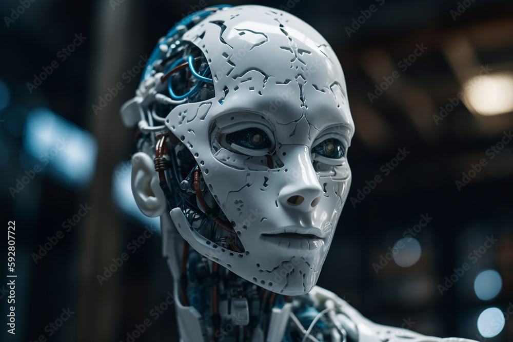 Detailed appearance of the deep green AI robot under white background ...