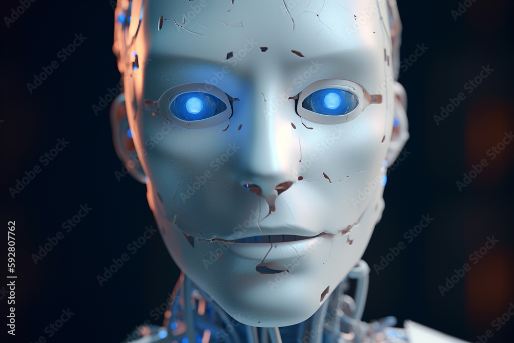 Detailed appearance of the deep green AI robot under white background ...