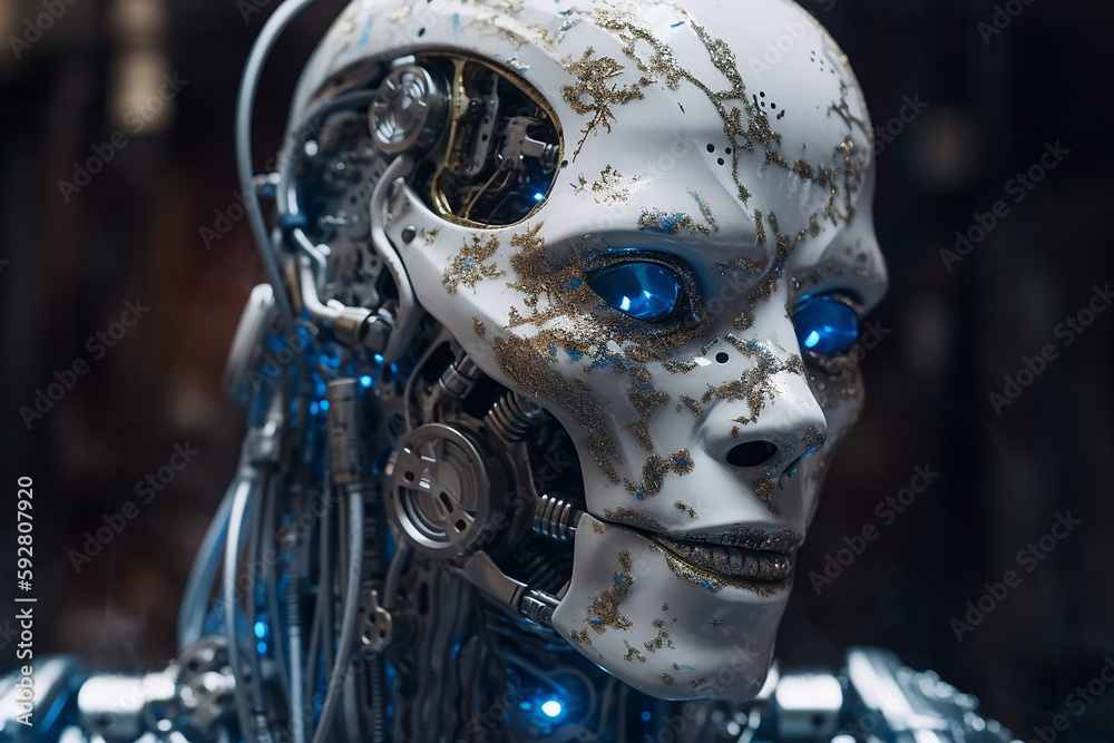 Detailed appearance of the deep green AI robot under white background ...