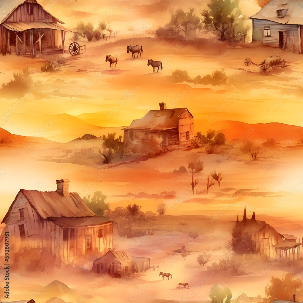 watercolor landscape for an old American Western movie, warm colors ...