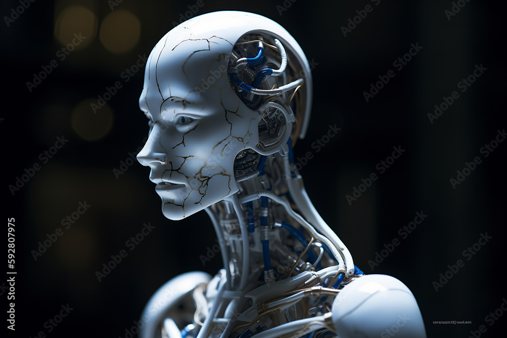 Detailed appearance of the deep green AI robot under white background ...
