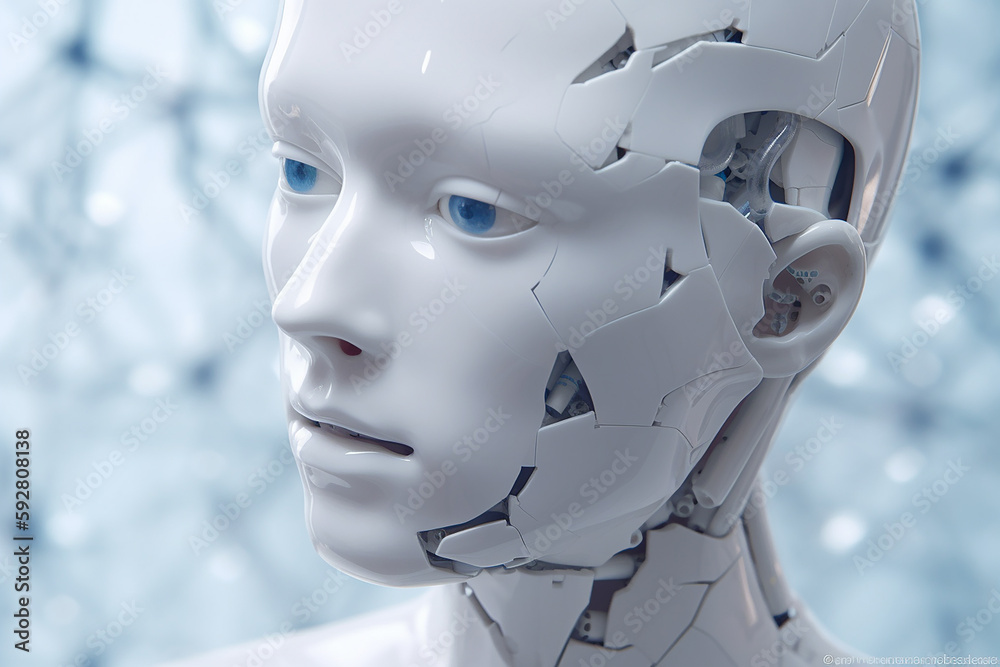 Detailed appearance of the deep green AI robot under white background ...