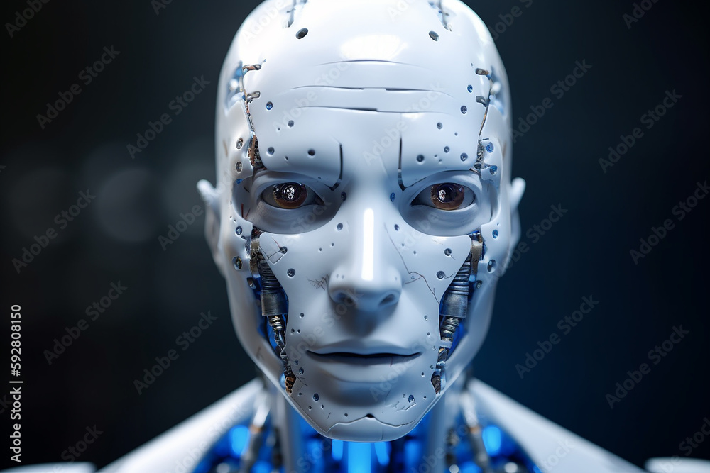 Detailed appearance of the deep green AI robot under white background ...