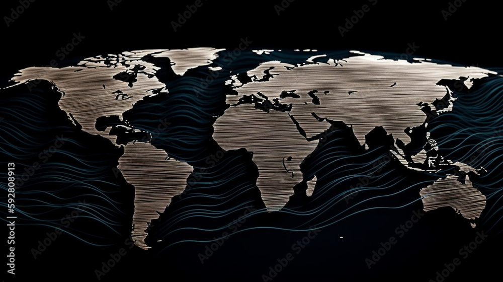 World map with lines rippling out showing continents Generative AI ...