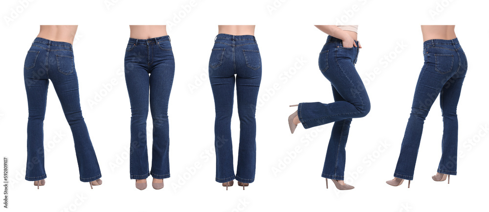 Collage with photos of woman in stylish jeans on white background ...