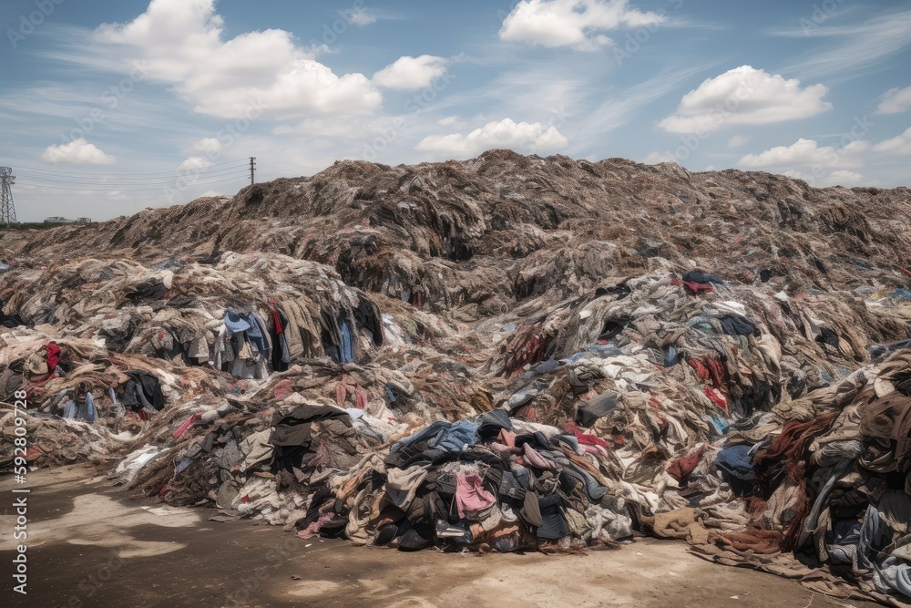 a landfill filled with discarded fast fashion garments and textile ...