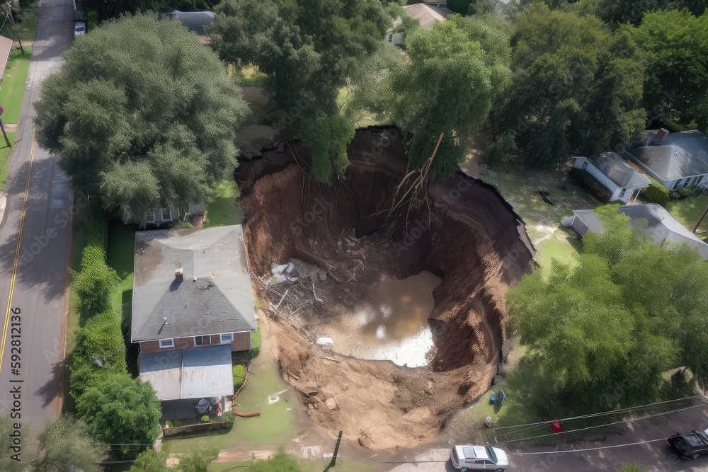 aerial view of sinkhole with massive trees and debris visible on the ...