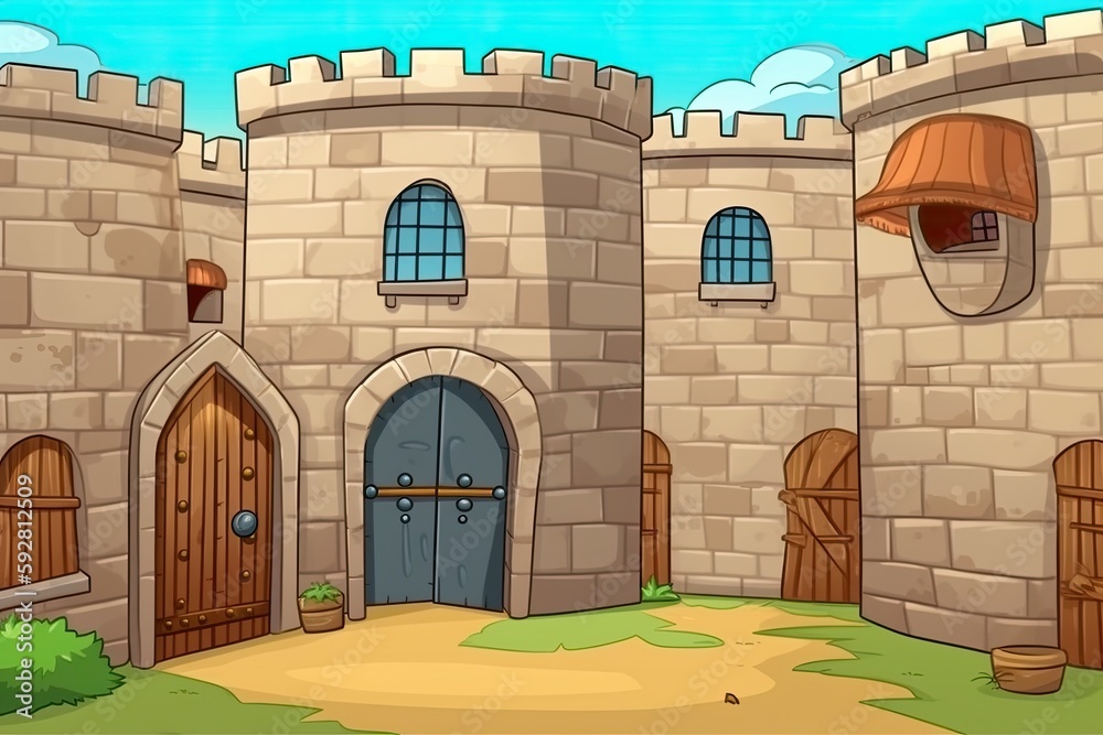 cartoon castle with two doors and a moat. Generative AI Stock ...