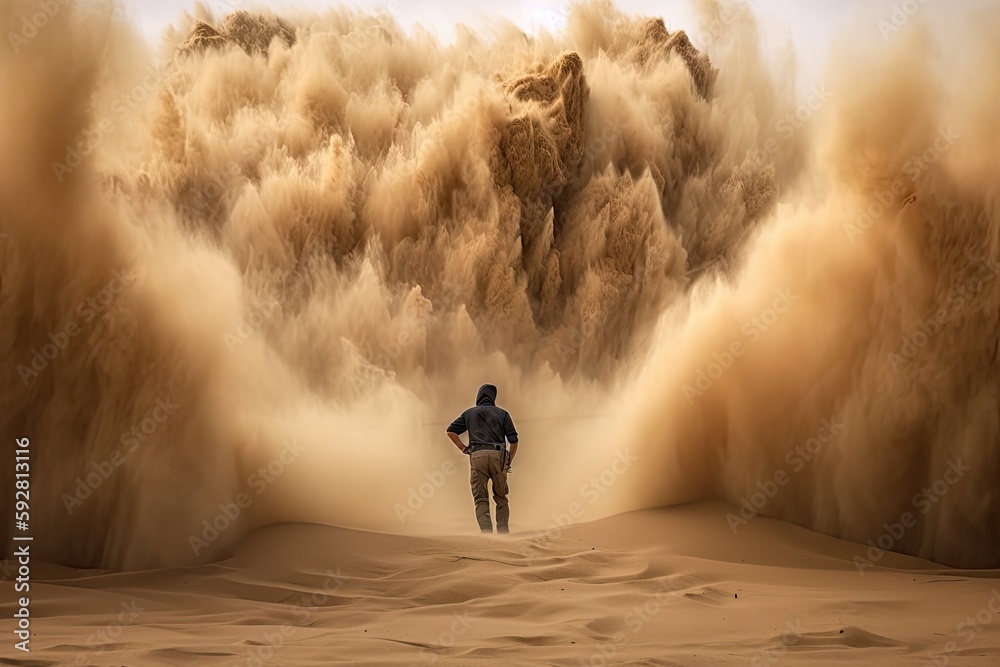 sand explosion with person in the middle being protected by sandstorm ...