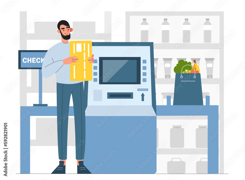 Self service checkout concept. Man with large bank card stands near ...