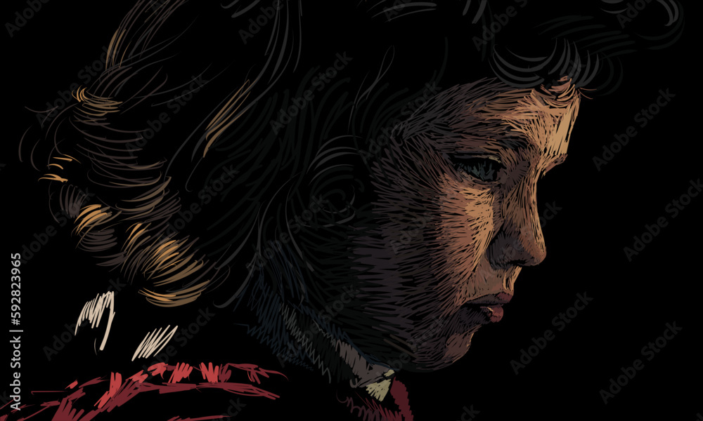 A cute little girl stands in a dark room and looks away. Backlight ...