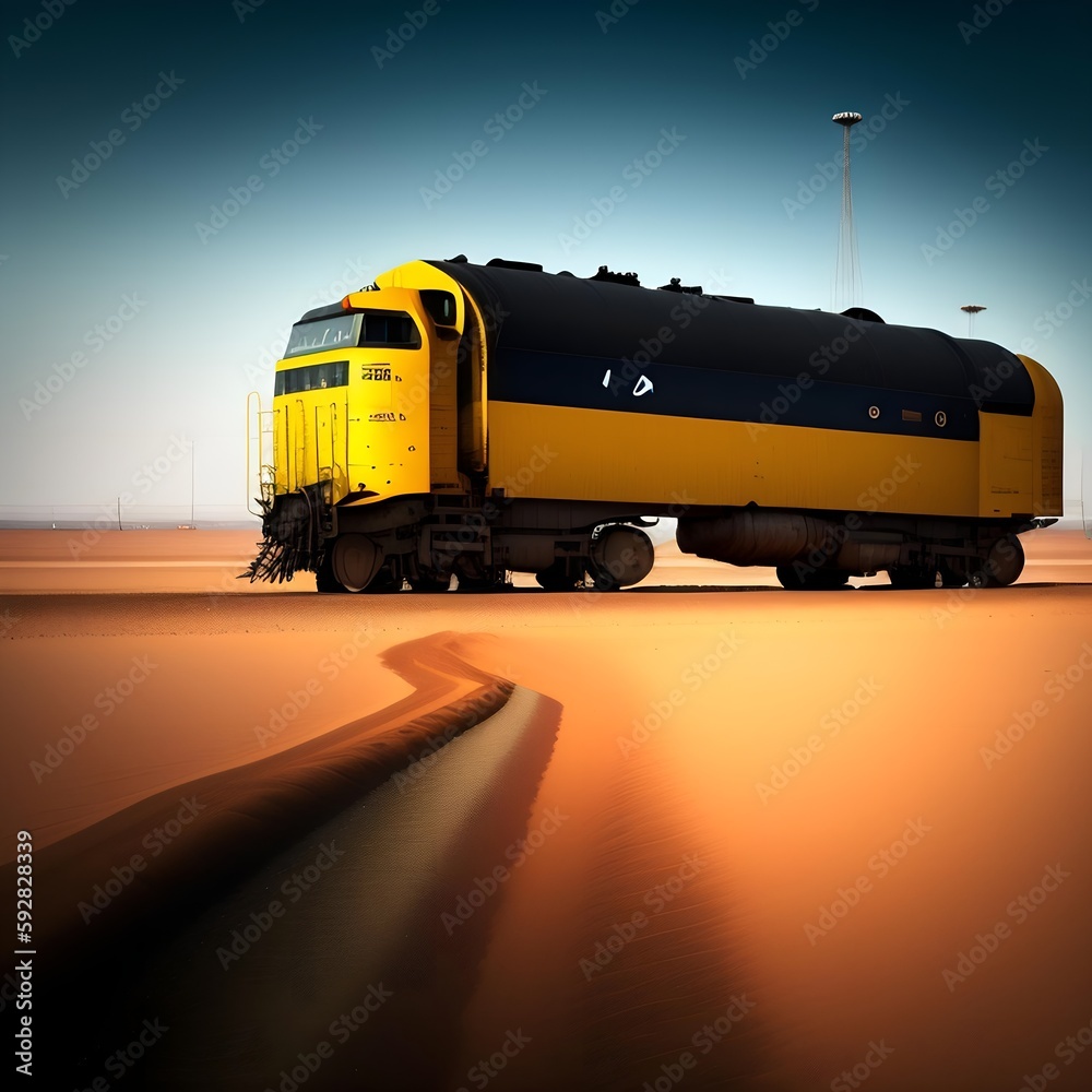 Yellow cargo train rides on rails among dusty empty stee,High speed ...