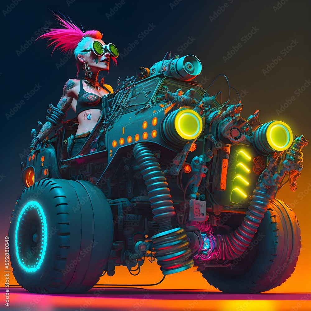 full body tank girl cartooncartoon futuristic electric hot rod neon ...