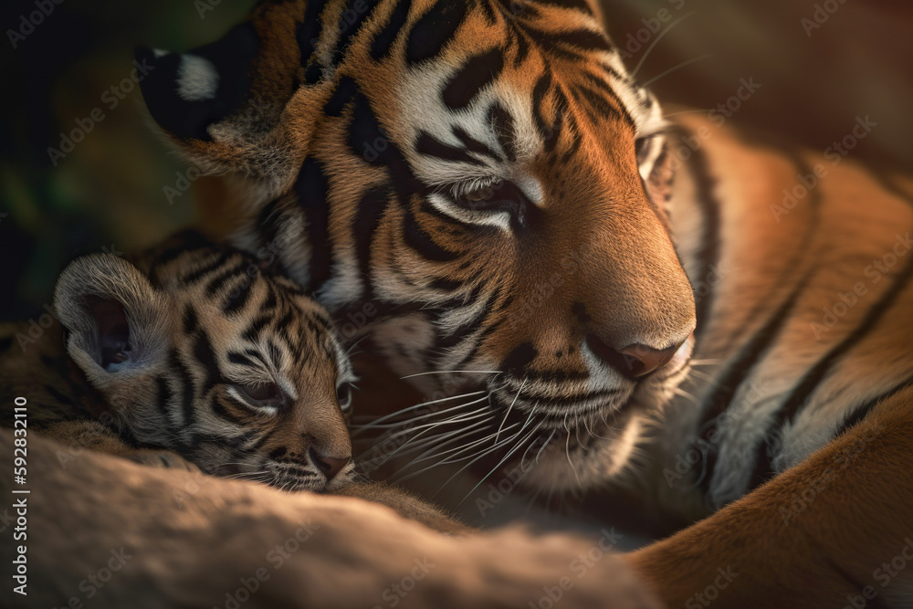 Tiger cub on his mother tiger in a jungle Stock Illustration | Adobe Stock