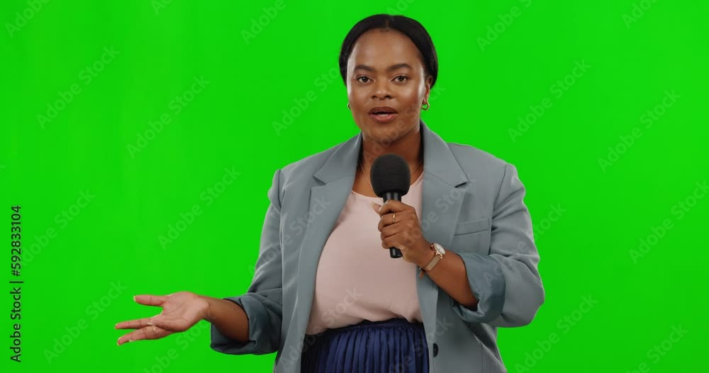 Female news reporter, mic and green screen in studio broadcast, face ...