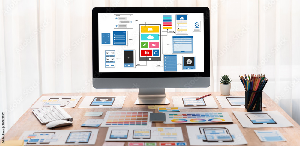Digital and paper wireframe designs for web or mobile app UI UX display ...