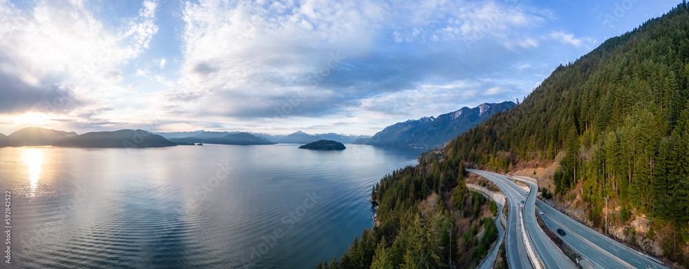 Aerial View of Sea to Sky Highway in Howe Sound. Sunset Sky. Between ...