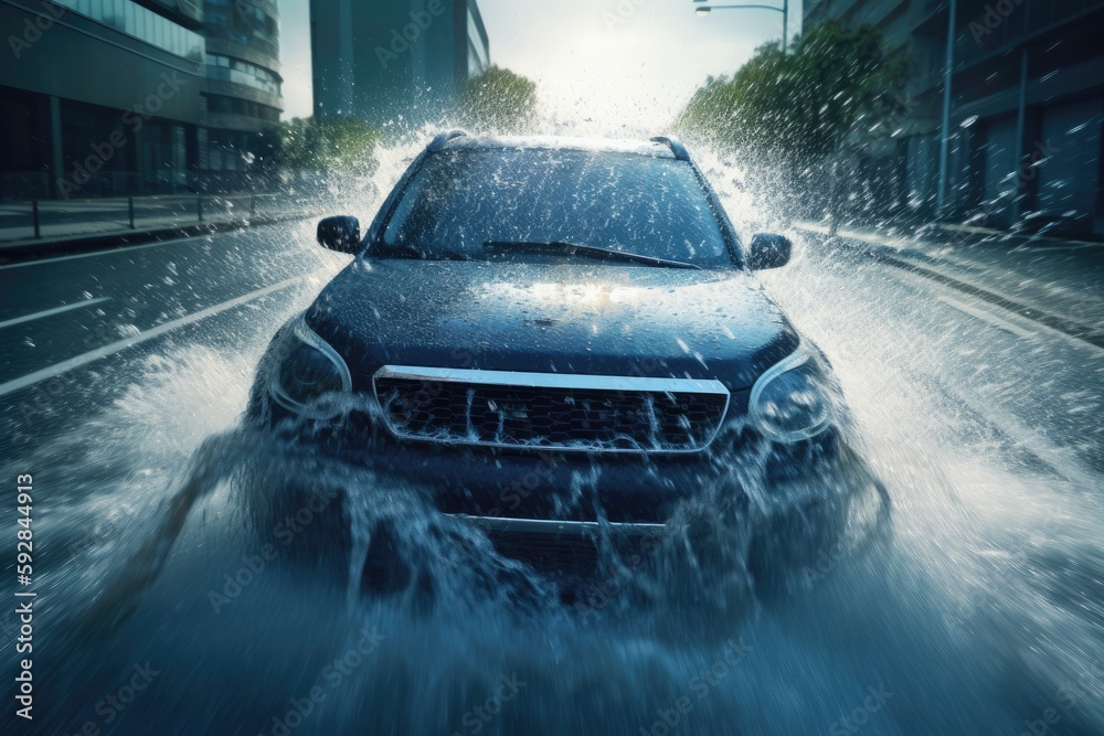 rainwater spraying from car wheels. city road during heavy rain ...