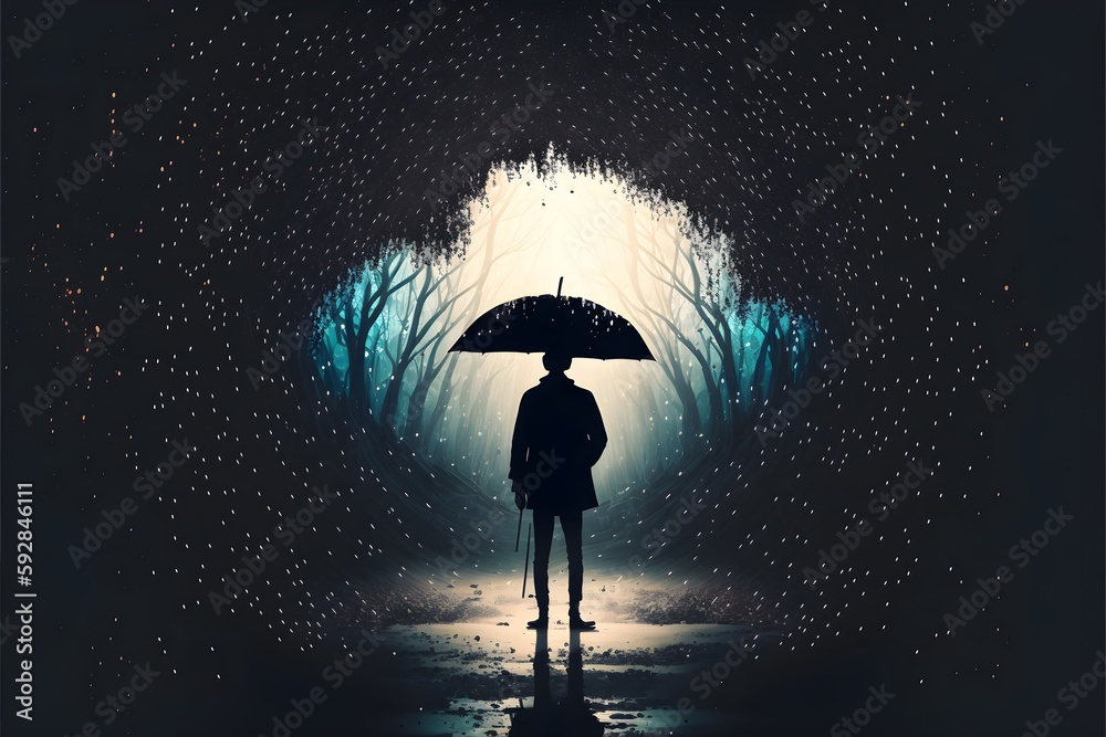 a silhoutte of a man hiding from heavy rain under an umbrella full body ...