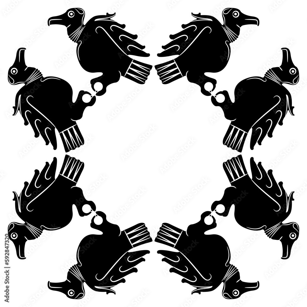 Geometrical animal frame with stylized vultures or birds of prey ...