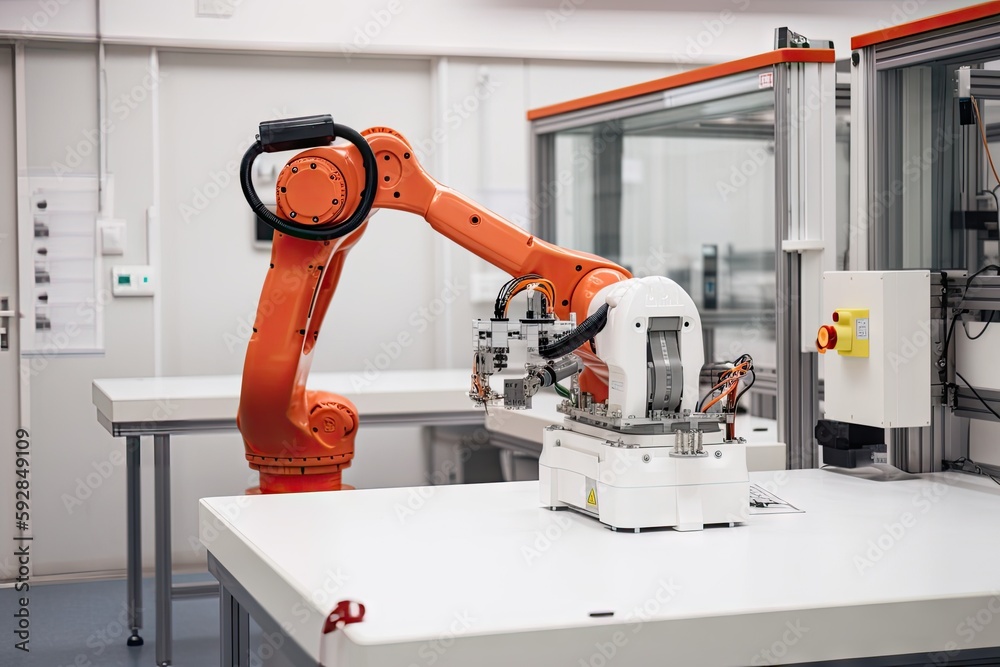 robot, with safety control panel and emergency stop button, in ...