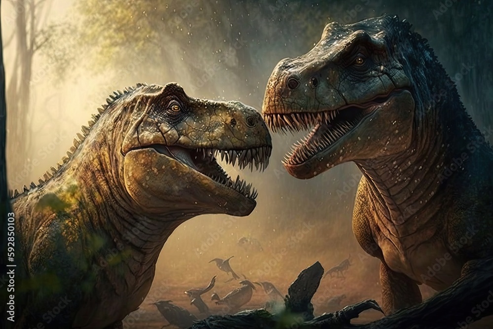 t-rex courtship, with male dinosaur displaying his physical superiority ...