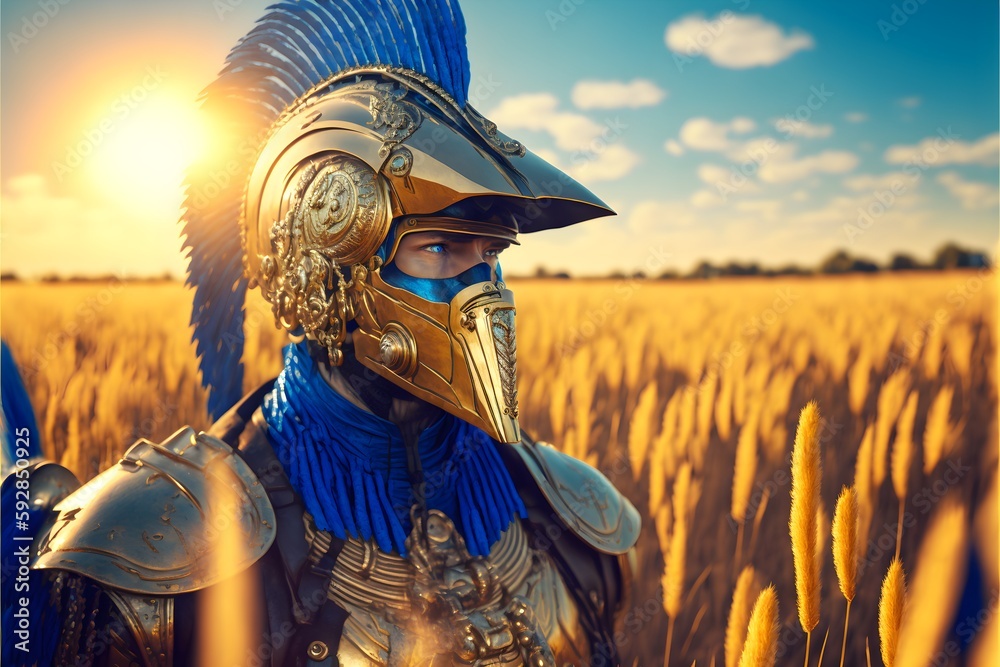 Ukrainian Cossack in shiny goldblue armor steampunk style sunny In the ...