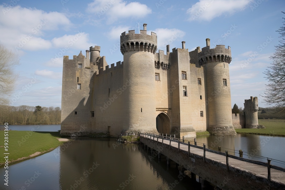 medieval castle, with drawbridge lowered and portcullis raised ...