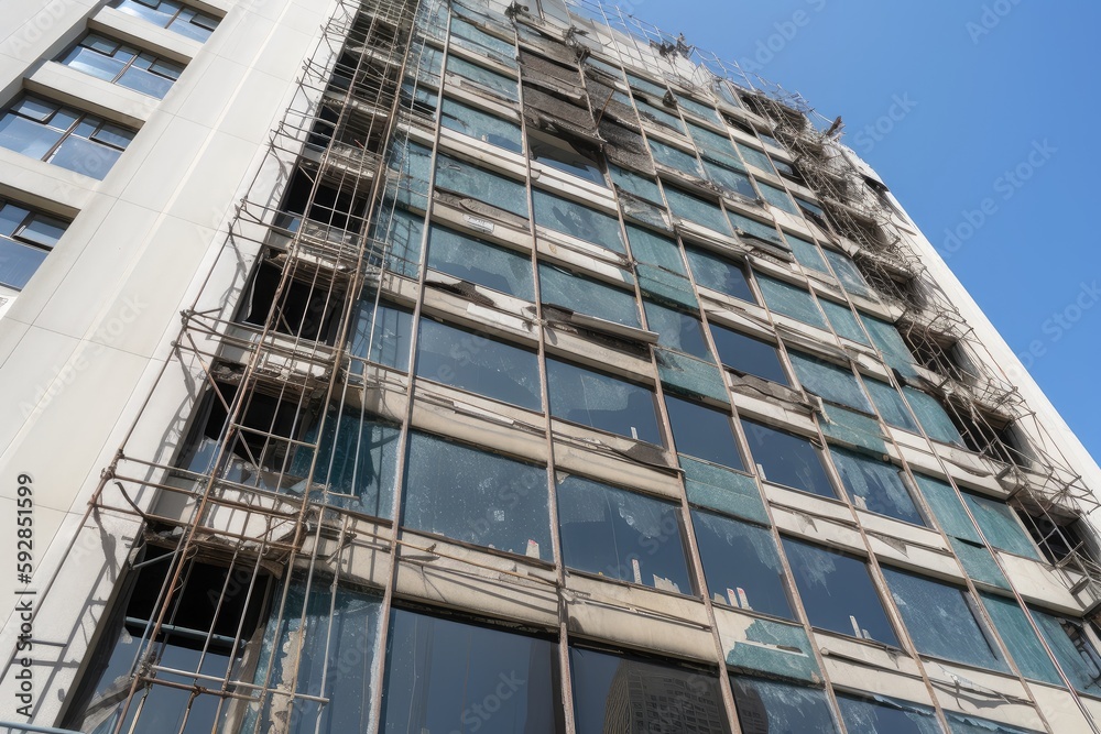 scaffolding being used to repair cracked window on a tall building ...