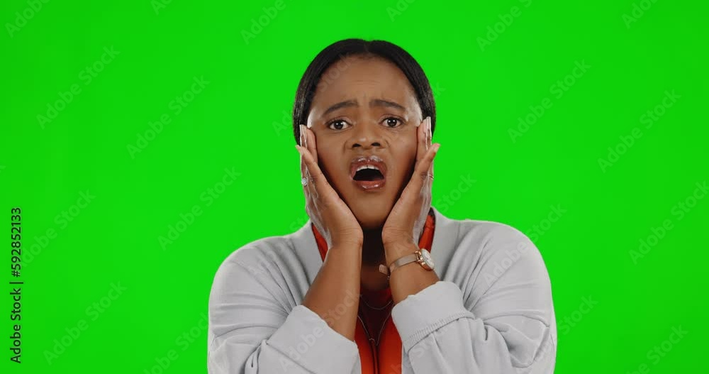 Vidéo Stock Face, green screen and black woman with surprise, facial ...