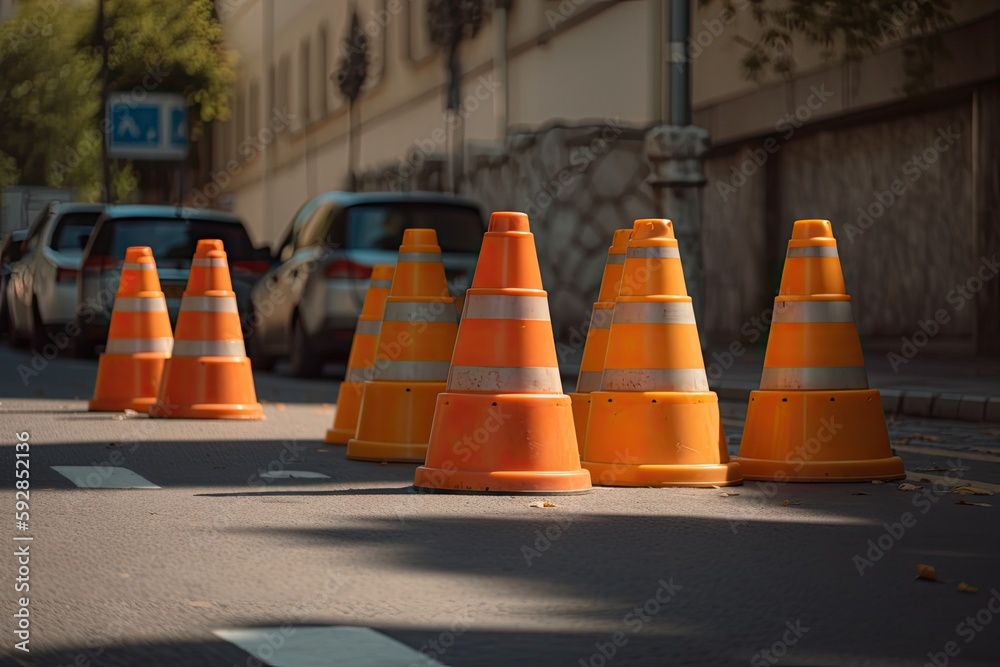 five traffic cones in a row, creating safe and visible pathway, created ...