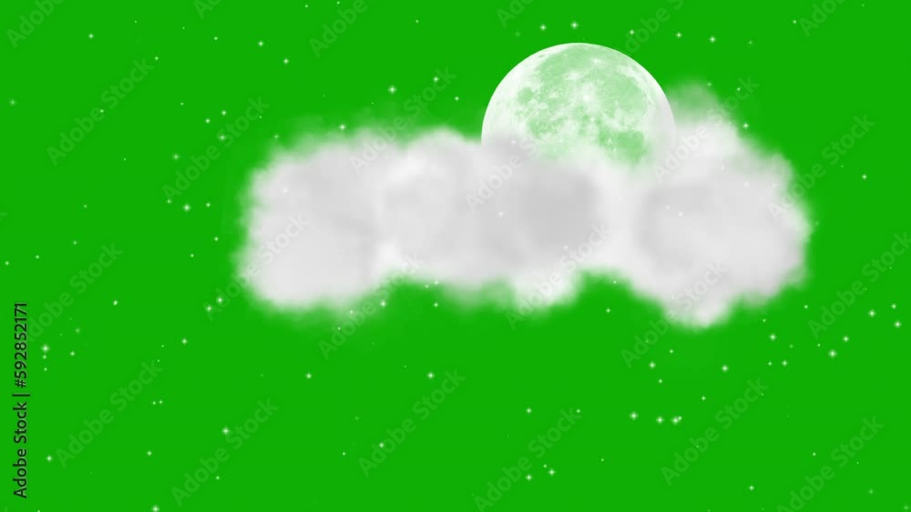 Moon light with clouds and twinkling stars on green screen background ...