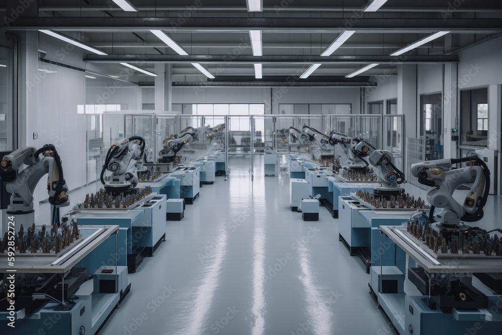 factory floor with cobots performing precision tasks side by side with ...