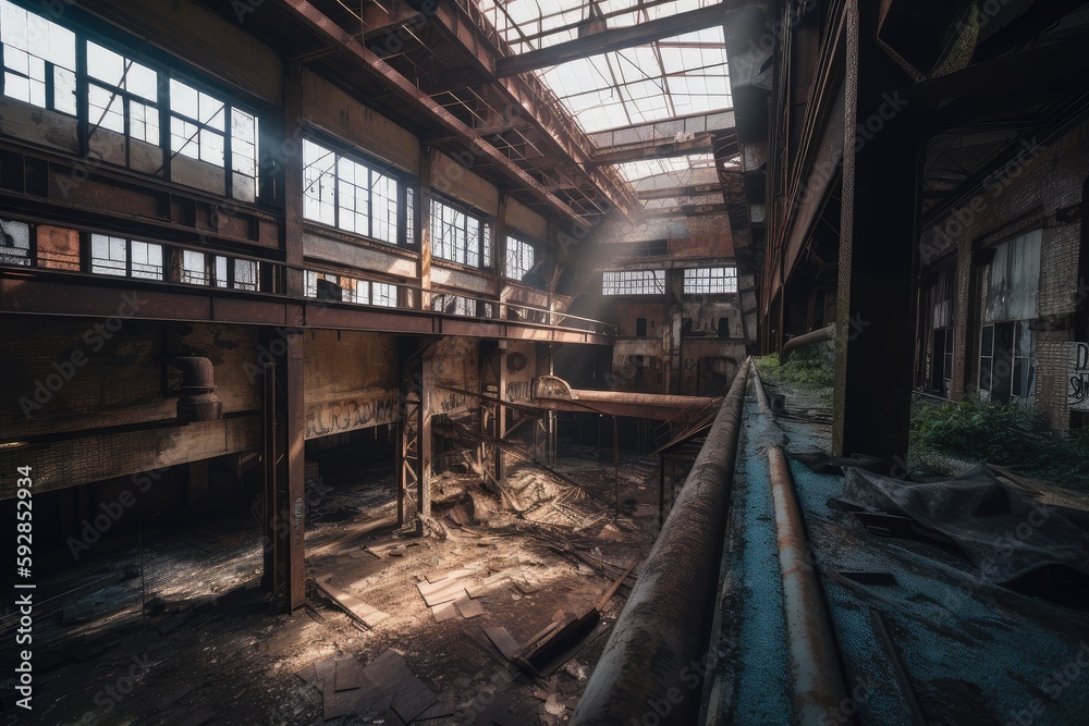 rusted metal, shattered glass, and broken concrete define an abandoned ...