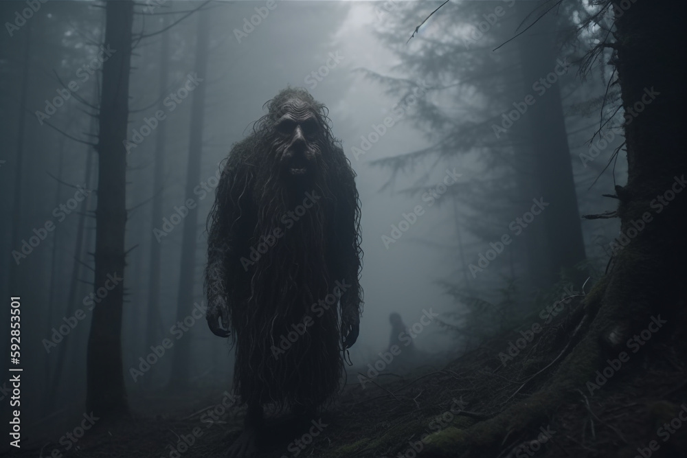 Fantasy concept. Mythical scary looking creature in dense with mist ...