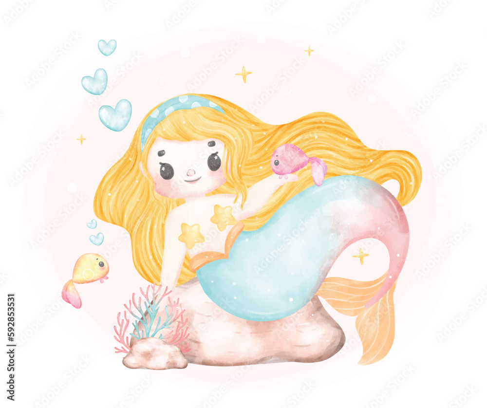 Cute sweet colorful pastel watercolor happy joyful little mermaid with ...