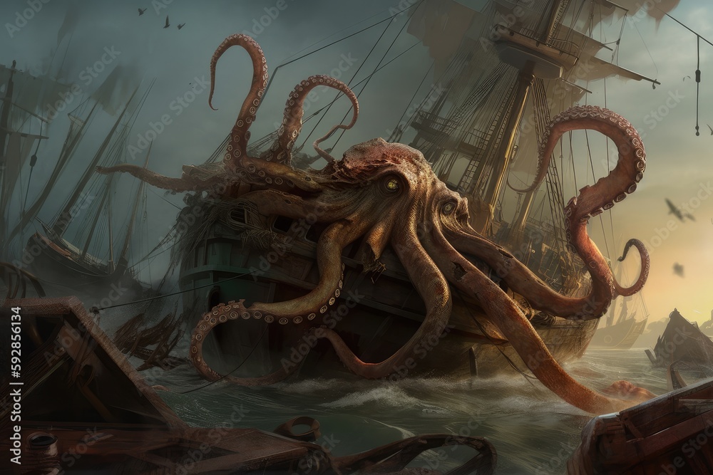 octopus kraken with its tentacles wrapped around sunken ship, wreaking havoc on crew, created ...