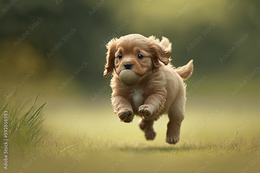 cute puppy is running after ball, its tiny legs moving quickly, created ...