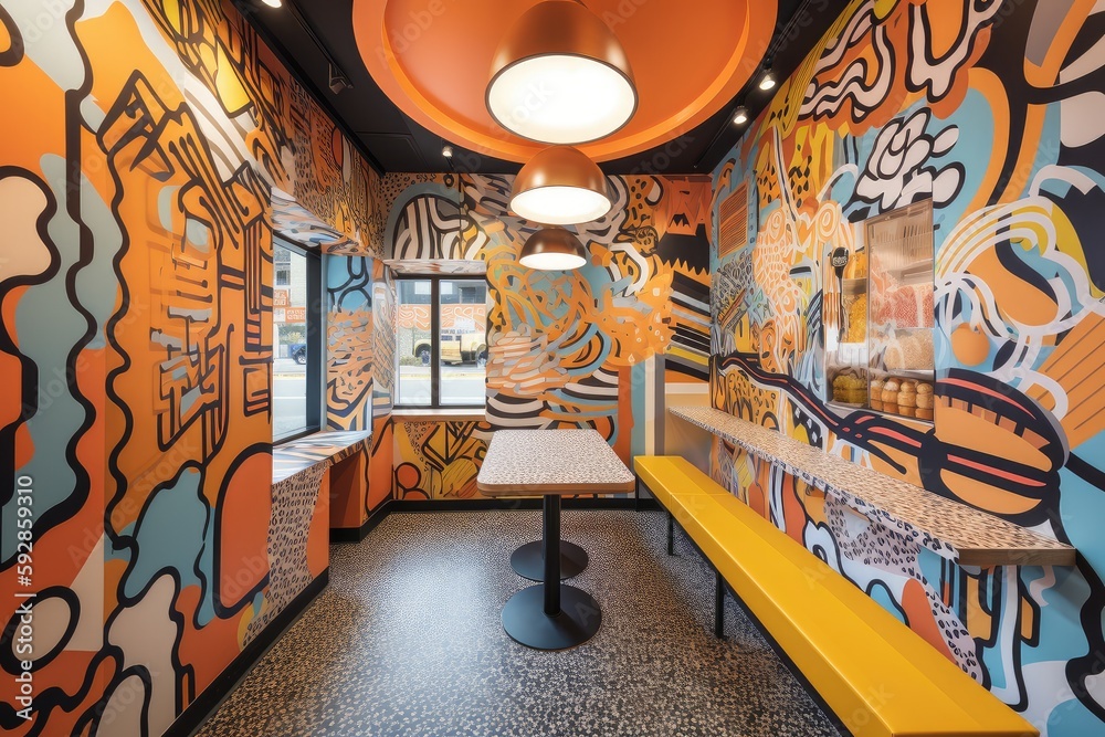 fast-food joint with graffiti and pop art decor, featuring bright ...