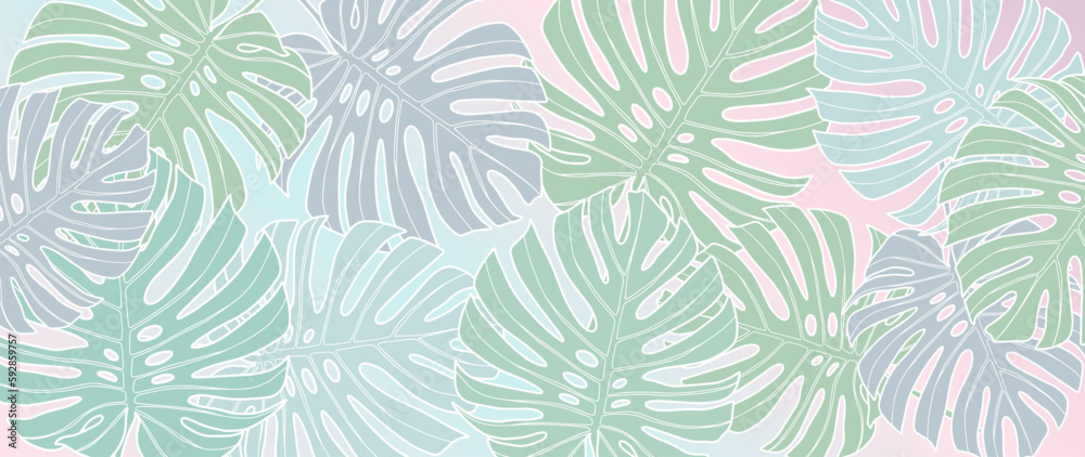 Delicate vector tropical background with large monstera leaves in ...