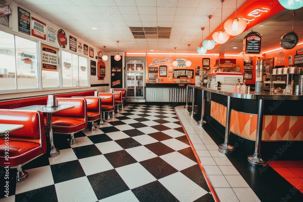 fast food restaurant with retro, diner-inspired interior, featuring ...
