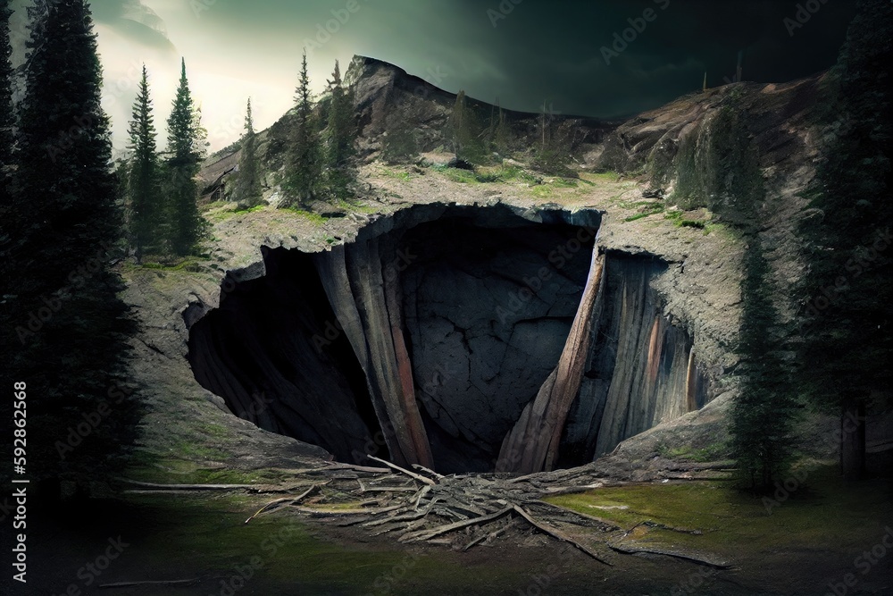 large cave formed after earthquake in forest ground, created with ...