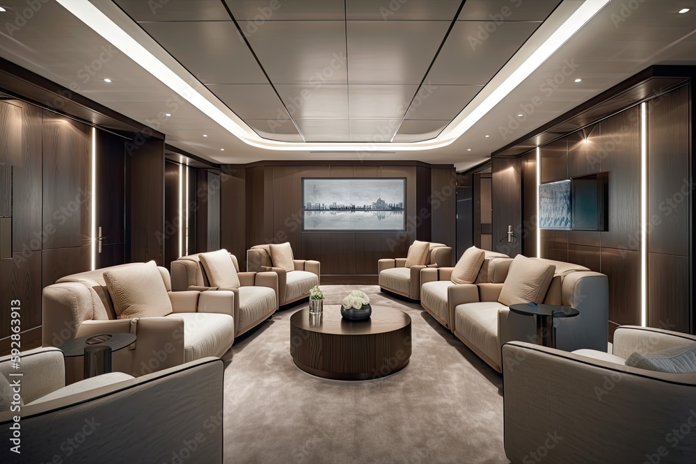 ultra-modern lounge with state-of-the-art sound system, plush seating ...