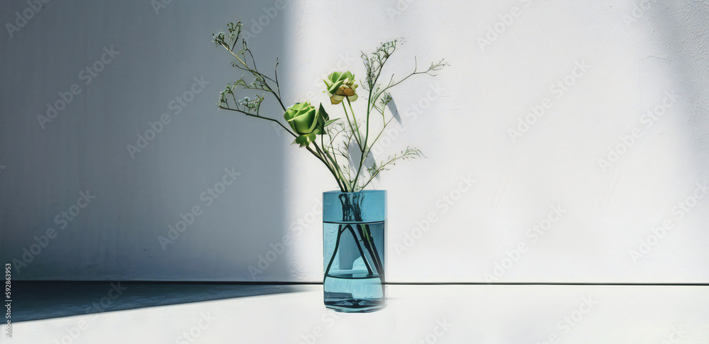 3D Transparent blue glass vase with white rose flowers. Bouquet of ...